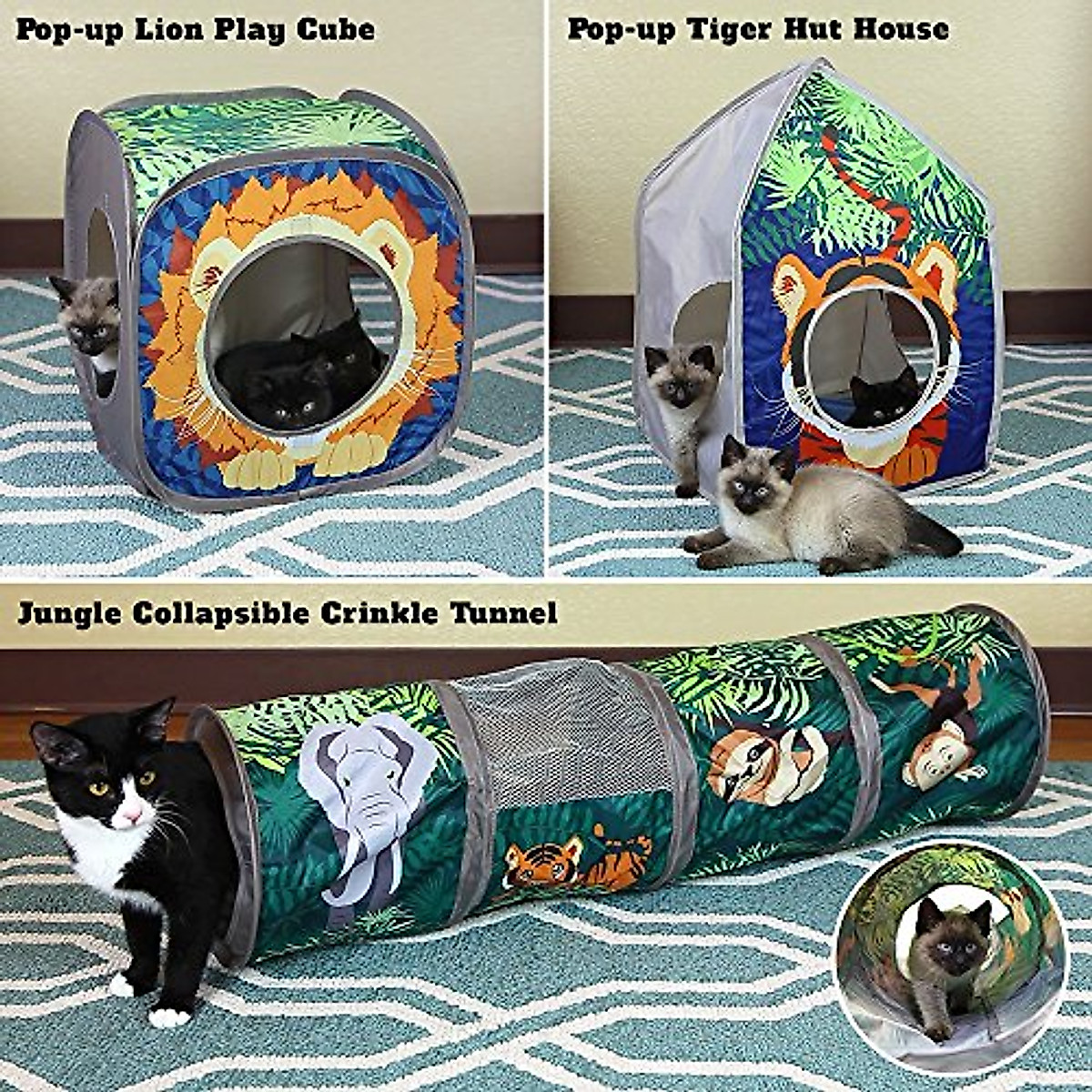 Kitty City Pop Open Jungle Combo,Collapsible Cat Cube, Play Kennel, Cat Bed, Tunnel, Cat toys