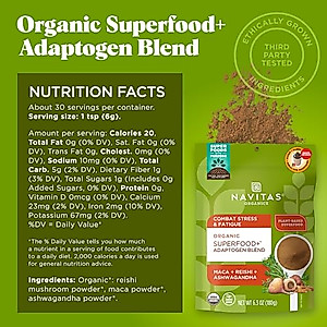 Navitas Organics Superfood+ Adaptogen Blend for Stress Support (Maca + Reishi + Ashwagandha), 6.3oz bag, 30 Servings — Organic, Non-GMO, Vegan, Gluten-Free, Keto & Paleo.