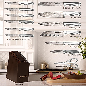 Knife Set, Astercook 15 Pcs Knife Sets for Kitchen with Block, Dishwasher Safe Kitchen Knife Set with Built-in Sharpener, German Stainless Steel Knife Block Set