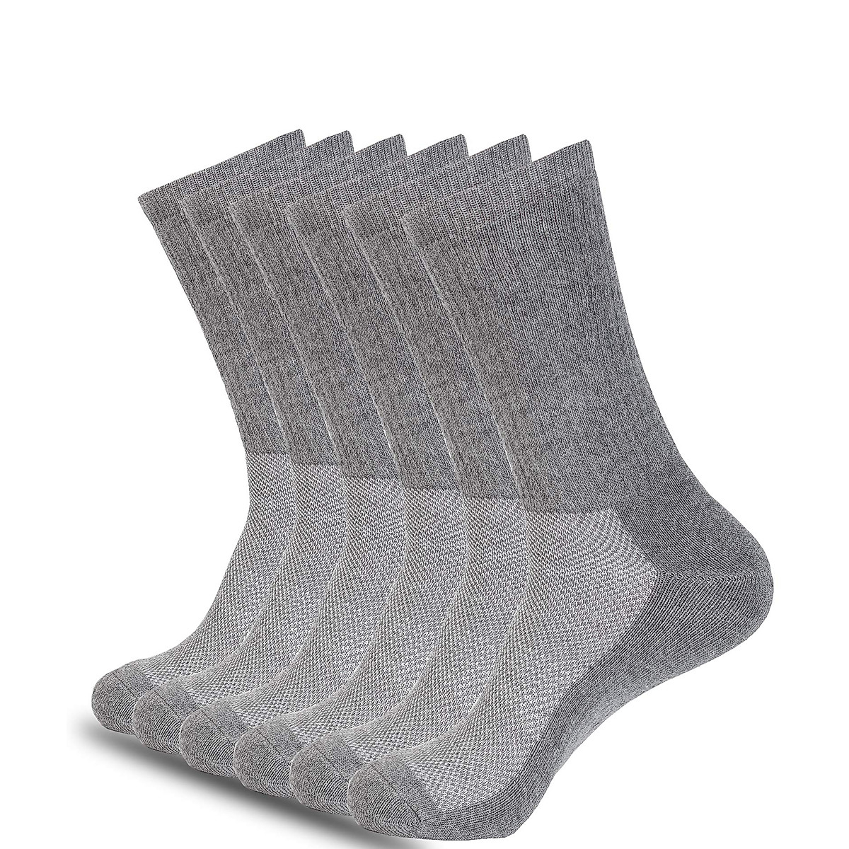 1SOCK2SOCK 6 Pack Performance Cotton Cushion Crew Athletic Sport Socks Moisture Wicking Arch Support Band Grey
