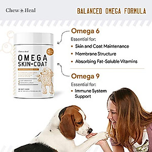 Chew + Heal Salmon Oil for Dogs - 180 Soft Chew Omega Treats for Skin and Coat - Fish Oil Blend of Essential Fatty Acids, Omega 3, 6, and 9, Vitamins, Antioxidants and Minerals - Made in USA