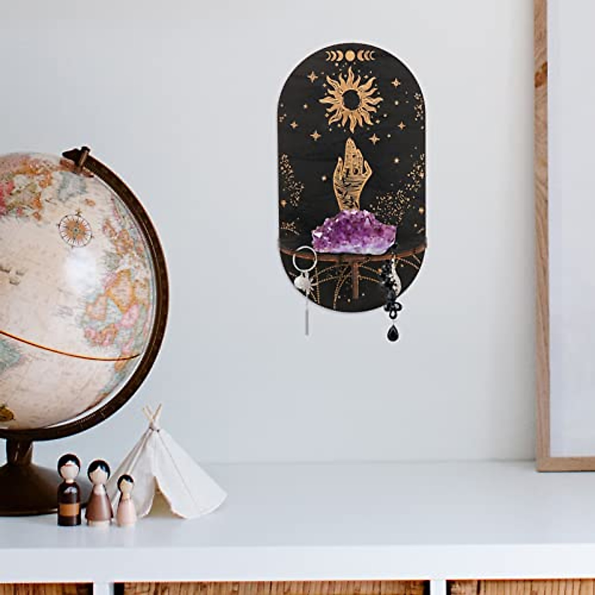 NOLITOY Black Crystal Display Bohemian Wooden Hanging Decoration Stand Crystal Stone Holder Wall Shelf for Crystals Essential Oil (Style1)