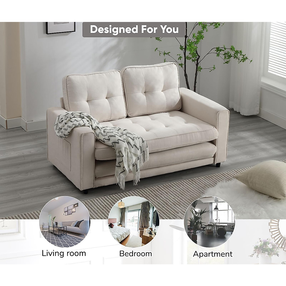 JOYBASE Sleeper Loveseat Pull Out Sofa Bed, Modern Upholstered Convertible Pull Out Couch Sleeper Sofa for Living Room (Beige, Fabric)