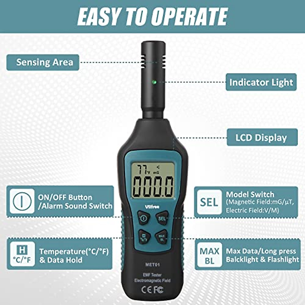 EMF Meter 5HZ-3.5G, Vlifree EMF Detector with Digital LCD Backlit Display for Electromagnetic Field 5HZ-3500MHz, Electronic Radiation, Temperature Detector, EMF Tester for Home, Ghost Hunting