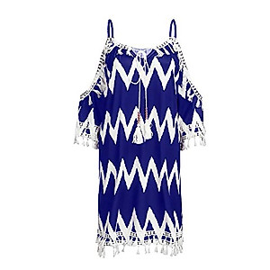 KYLEON Dress for Women Summer Casual Bohemian Off Shoulder Beach Dresses Tassel Swing Mini Short Sundress