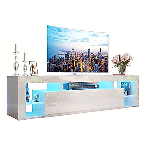 Gitua Floating TV Stand Wall Mounted, High Gloss LED Floating Entertainment Center with Storage&Adjustable Glass Shelf, TV Stand for 65 Inch TV, Gaming Media Center Console Table with Lights, White