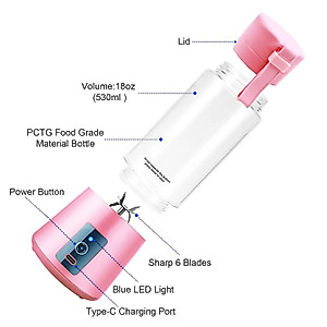 USB Portable Blender Juicer Cup, 3CPRECIOUS Fruit Juice mixer, Mini Portable Rechargeable Battery/Juicing Blender Mixer, 380ml (Pink)