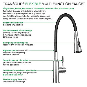 Transolid PF7509A Kitchen/Laundry Faucet with Dual Spray and Flex Neck in Black
