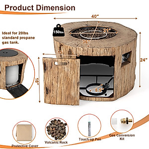 COSTWAY 40" Propane Gas Fire Pit Table, 2-in-1 Outdoor Round Fire Table W/Volcanic Rock & PVC Cover, 50,000 BTU Heat Output, Wood-Like Surface for Backyard, Poolside