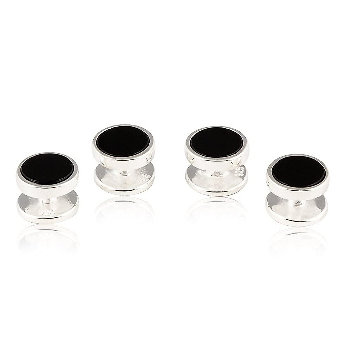 Cuff-Daddy Mens Solid 925 Sterling Silver Black Onyx Tuxedo Shirt Studs with Travel Pouch - 3/8" Groomsmen Party Special Occasions Wedding Tuxedo Shirt Studs - Set of 4