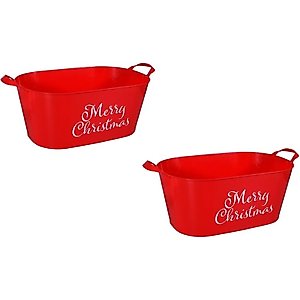 Merry Christmas Red Oval Bucket with Handle Sentiment Plastic Buckets Handles Gifts Gift Baskets Storage Containers Party Favor Holiday Decorations 2 Pack