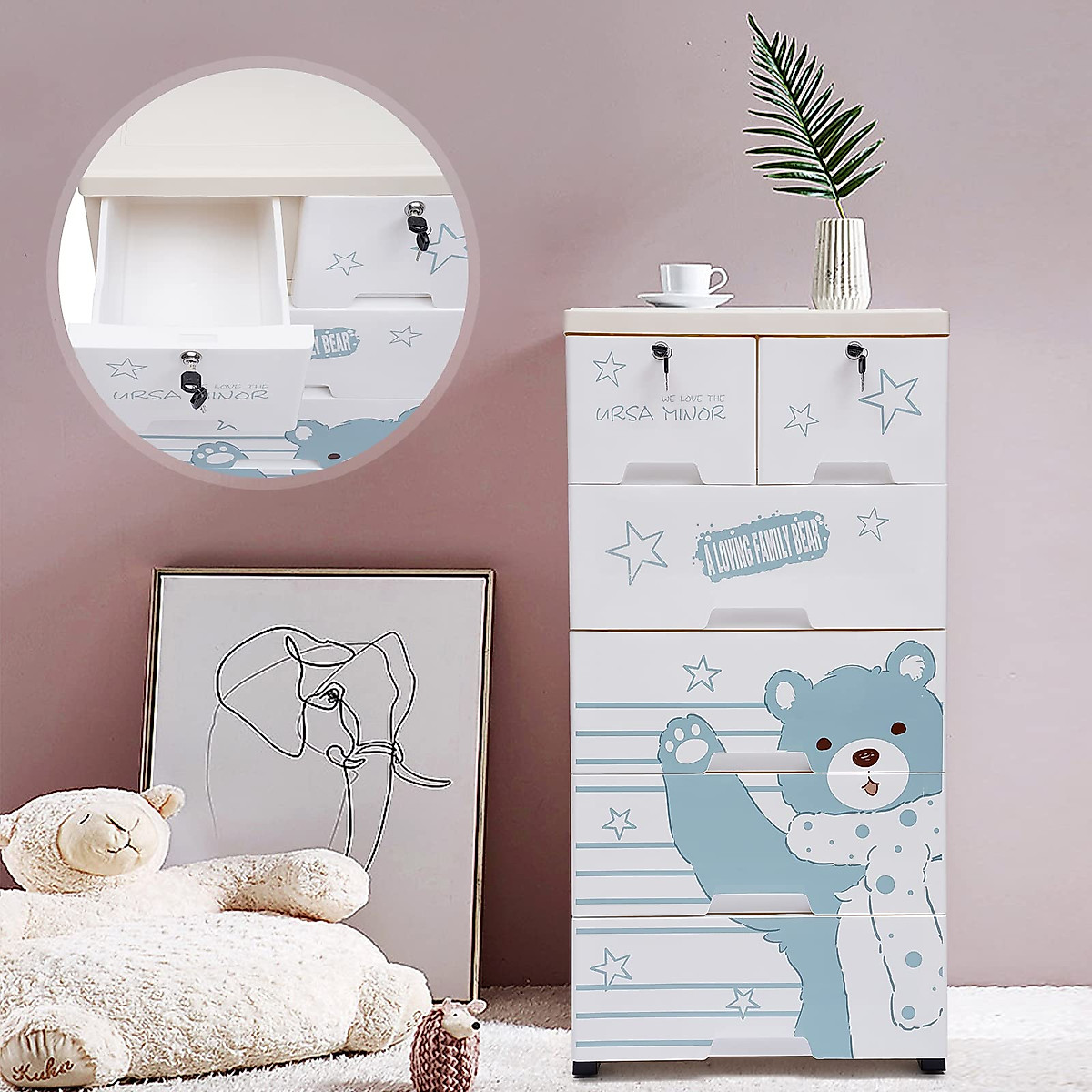 YIPONYT Cute Animals Pattern Plastic Drawers Dresser, Storage Cabinet with 6 Drawers, Tower Closet Drawers Tall Dresser Organizer for Playroom Bedroom Furniture(Polar Bear 19.7" W x 13.8" D x 40" H)