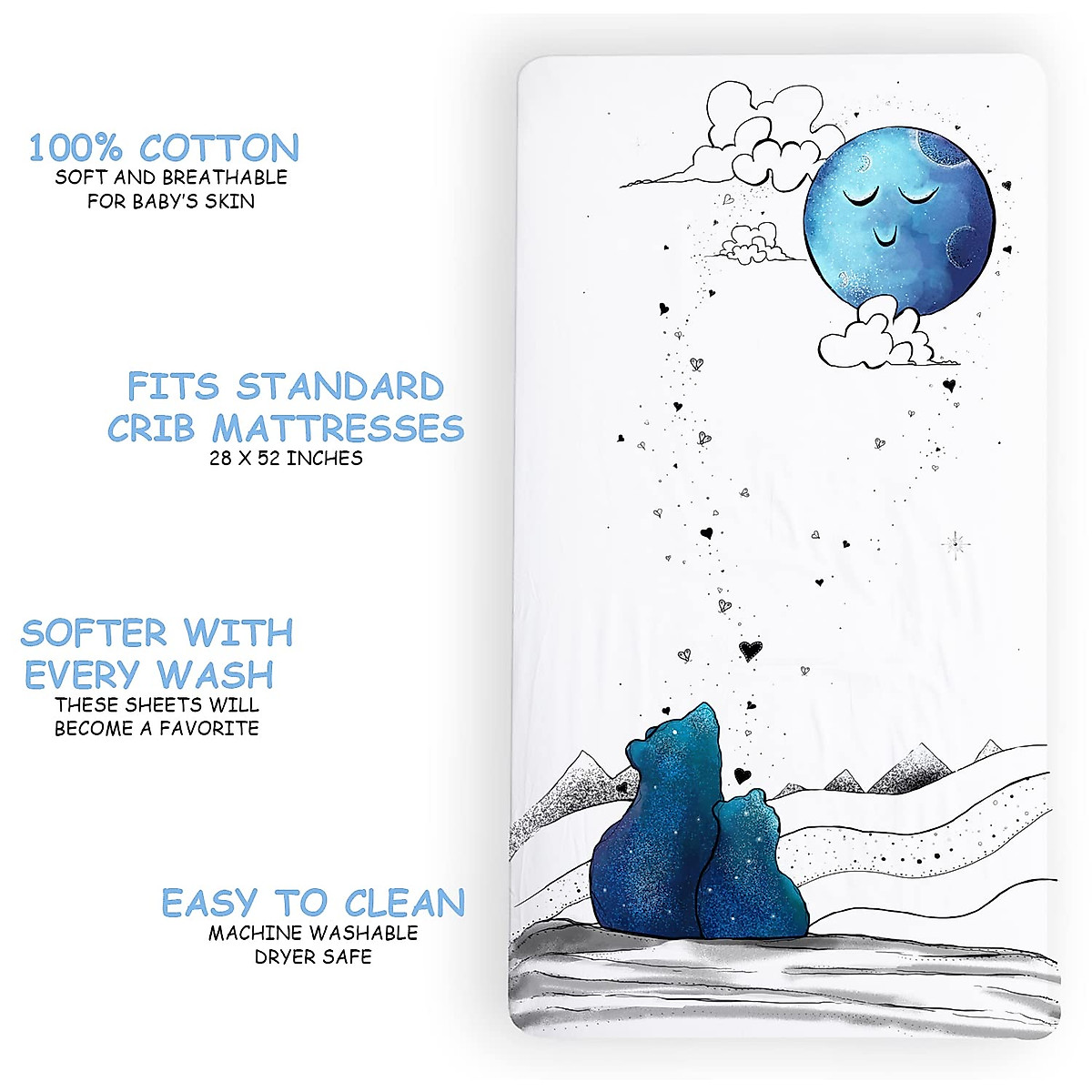 JumpOff Jo - Fitted Crib Sheet, Super Soft 100% Cotton Sheet for Standard Crib Mattresses and Toddler Beds, 28 in. x 52 in, Storytelling Designs - Mama Bear Blue