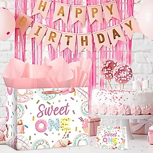 Wayyogh Sweet One Gift Bag 1st Birthday Wrap Bag for Girls First Birthday Wrapping Paper Bag with Greeting Card Tissue Paper for Donuts One Year Old Girl Ice Cream Candy Baby Shower Party Supplies