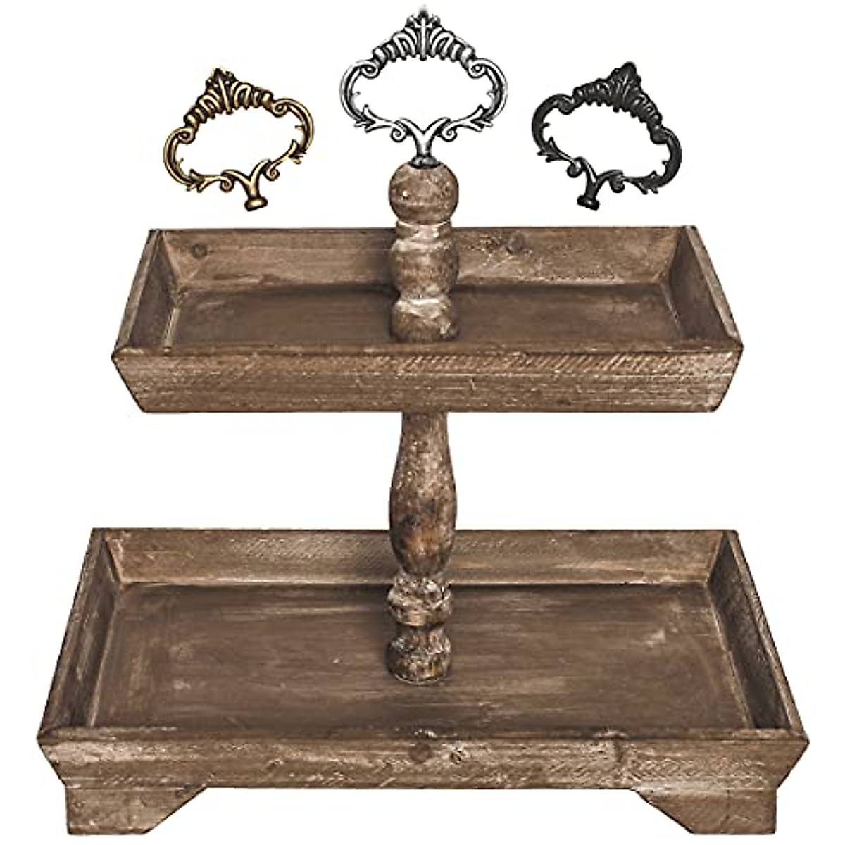 Felt Creative Home Goods Rustic Wood Two Tiered Tray, Rectangle 2 Tier Serving Tray for Coffee Bar, Kitchen Counter, Dining Room Table, Cupcake Stand, Holiday and Farmhouse Decor (Rustic Brown)
