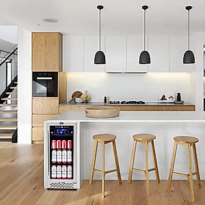 COLZER 15 inch Beverage Refrigerator with Glass Door 126 Cans Mini Beverage Cooler Under Counter Freestanding Built in Centre Garage Fridge with Lock for Drink Beer Soda Wine Water