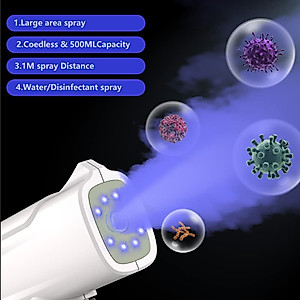 KOJEO Professional Electric Sanitizer Sprayer Machine, Rechargeable Disinfectant Fogger Machine 250ML, Cordless Handheld Nano Steam Gun – Spray Gun with Blue Light for Touchless Sanitization