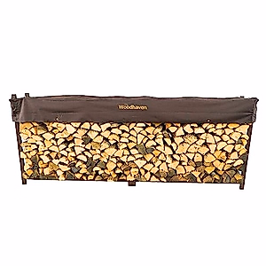 Woodhaven 10 Foot Brown Outdoor Firewood Rack With Optional Seasoning Cover - Made In USA - Holds 1/2 Plus Cord Of Firewood And Logs - Brown UV-Stable Powder Coat Finish (Cover)