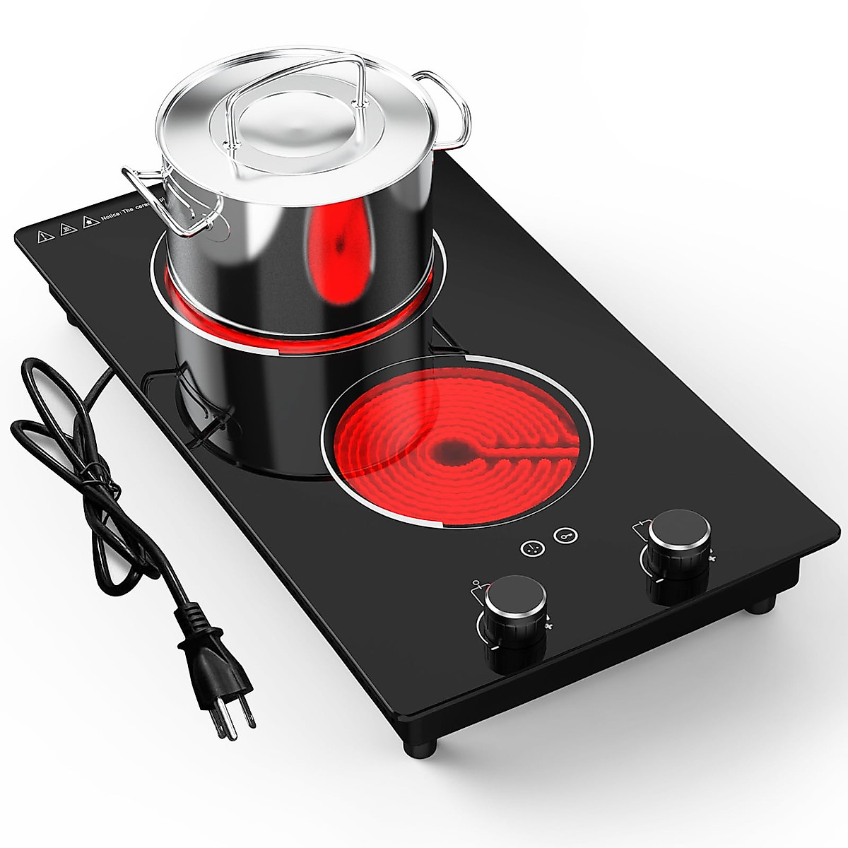 110v Electric Cooktop 2 Burners, 12'' Electric Stove Top with Plug in, GTKZW Knob Control Countertop & Built-in Ceramic Cooktop, 9 Power Levels, Child Lock, Timer, Over-Heat Protection