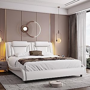 Keyluv Modern Upholstered Bed Frame with Adjustable LED Headboard, Pu Leather Platform Bed with Wave-Like Curve Design and Solid Wooden Slats Support, No Box Spring Needed, Noise Free, King, White