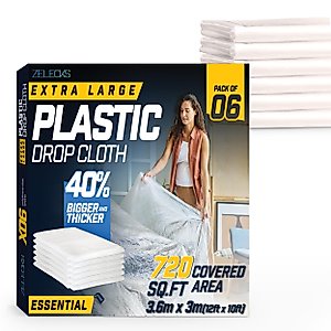 12X10Ft Extra Large Plastic Drop Cloth Painting - 6 Pack Plastic Floor Protector