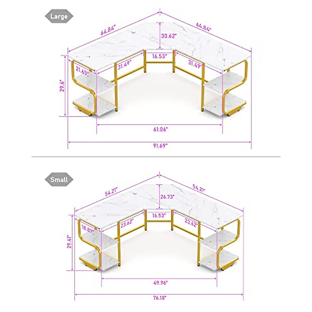 Teraves Modern L Shaped Desk with Shelves,64.84" Computer Desk/Gaming Desk for Home Office,Corner Desk with Large Desktop (White Marbling+ Gold Frame, Large+4 Tier Shelves)
