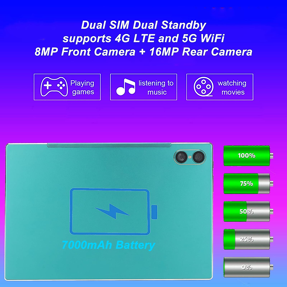 Android12 Tablet 10 Inch, 8GB RAM 256GB ROM 128G Expand, Octa Core Tablet PC with 5G 2.4G WiFiBluetooth, 4G LTE Cellular, 8+16MP Dual Camera, 7000mAh Battery Dual SIM Card Slots