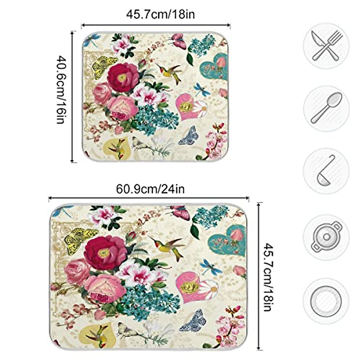 Beautiful Flower Dish Drying Mat For Kitchen Counter, Ultra Absorbent Reversible Microfiber, and Protector for Kitchen Countertops 18 In x 24 In