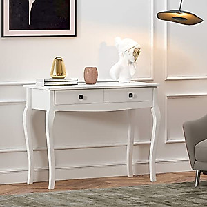 sogesfurniture White Vanity Desk with 2 Drawers, Home Office Desk Vintage Makeup Vanity Table, Curved Legs Writing Desk, Entryway Console Table for Bedroom, Entryway, Home Office