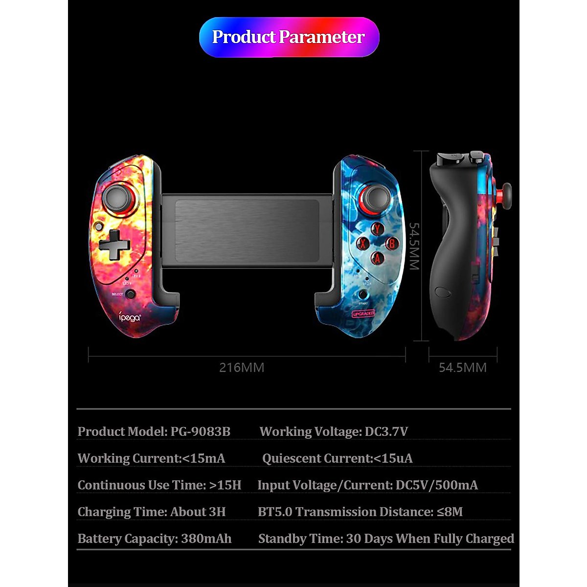 ipega-PG-9083B Wireless 5.0 Smart PUBG Mobile Game Controller Retractable Game Gamepad for iOS(iOS 11-13.3)/Android Mobile Smartphone Tablet (Red-Blue)