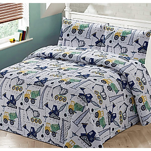 Bedspread Coverlet Quilt Set Kids/Teens Boys Construction Crane Trucks Cement Truck White Blue Green Black Grey New (Full/Queen)