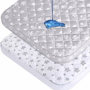 Waterproof Pack and Play Mattress Pad Protector 2 Pack, Quilted Pack and Play Sheets Cover 39" x 27", Compatible with Graco Pack n Play, Playard Mattress Protector, Grey & White Star