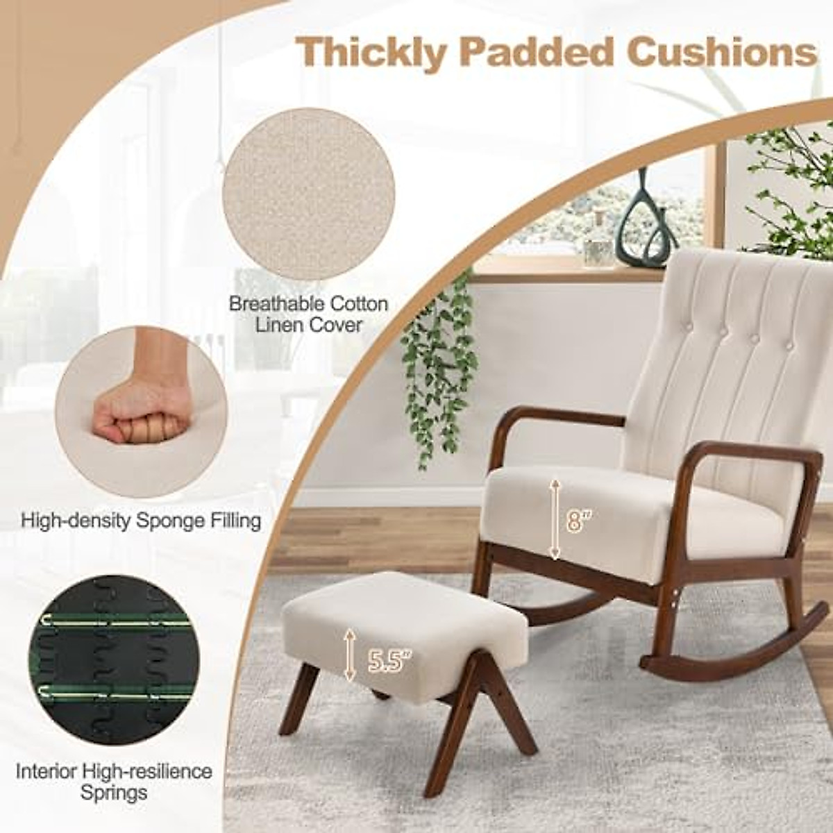 Upholstered Rocking Chair with Ottoman and Solid Rubber Wood Frame and Padded Cushion, Comfortable Rocker Solid Wood for Living Room (Beige)