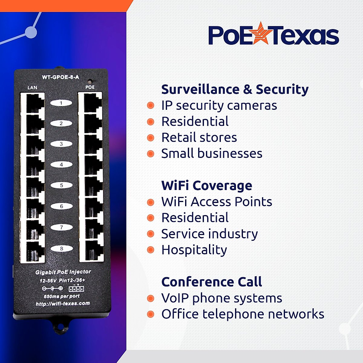 PoE Texas 8 Port PoE Injector - Gigabit Passive Power Over Ethernet Midspan - Front Wall Mount Solution for Security Cameras, IP Phones, WiFi APs - Add PoE to Non-PoE Switch (Without Power Supply)