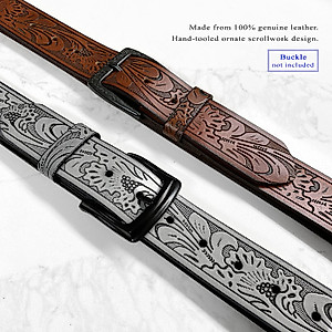 BS220 Western Floral Engraved Embossed Tooled Genuine Leather Belt Strap w/Snaps 1 1/2" Wide (Brown, 32)