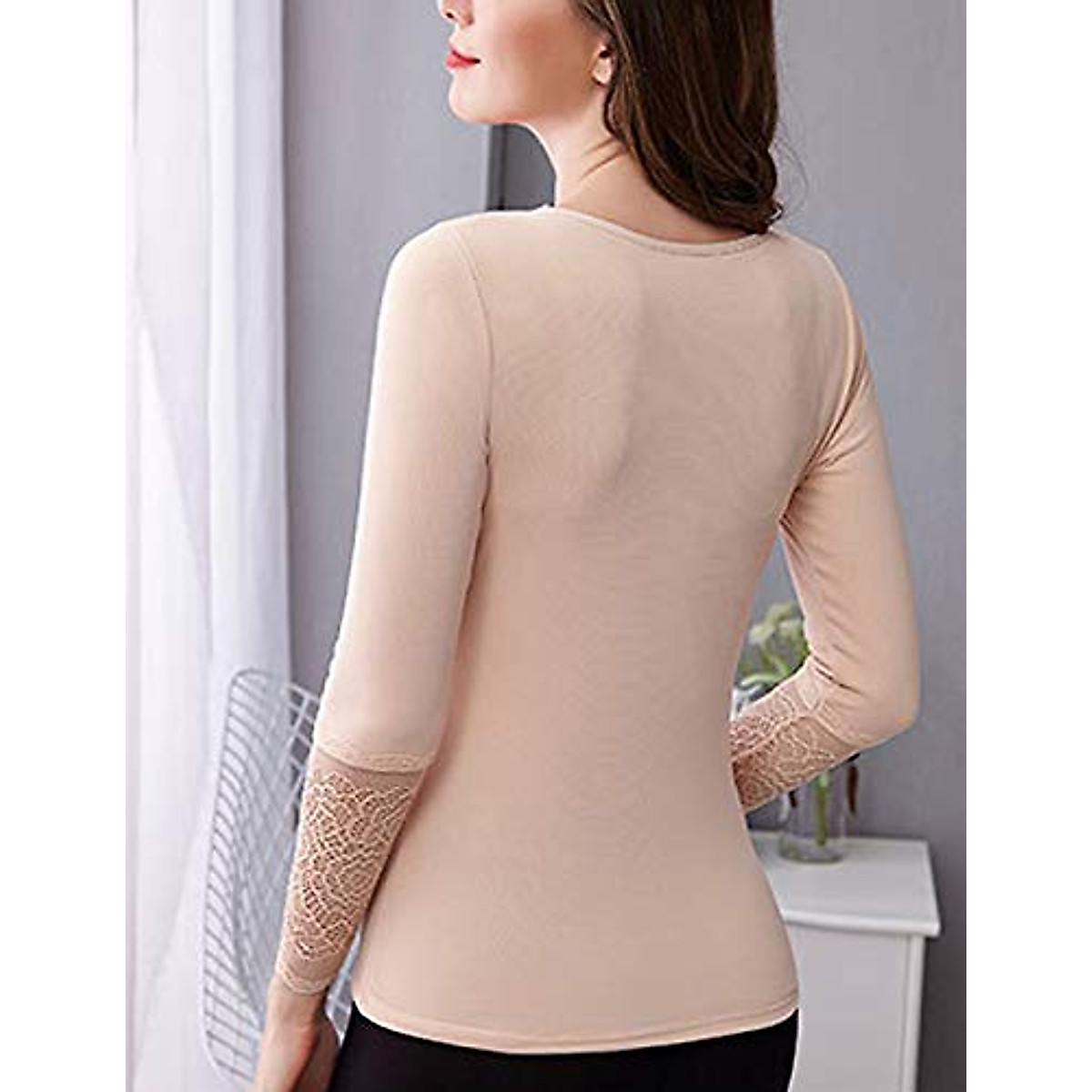 Flygo Womens Thermal Fleece Lined Cotton Underwear Lace Long Sleeve V-Neck Top (Large, 02 Nude)