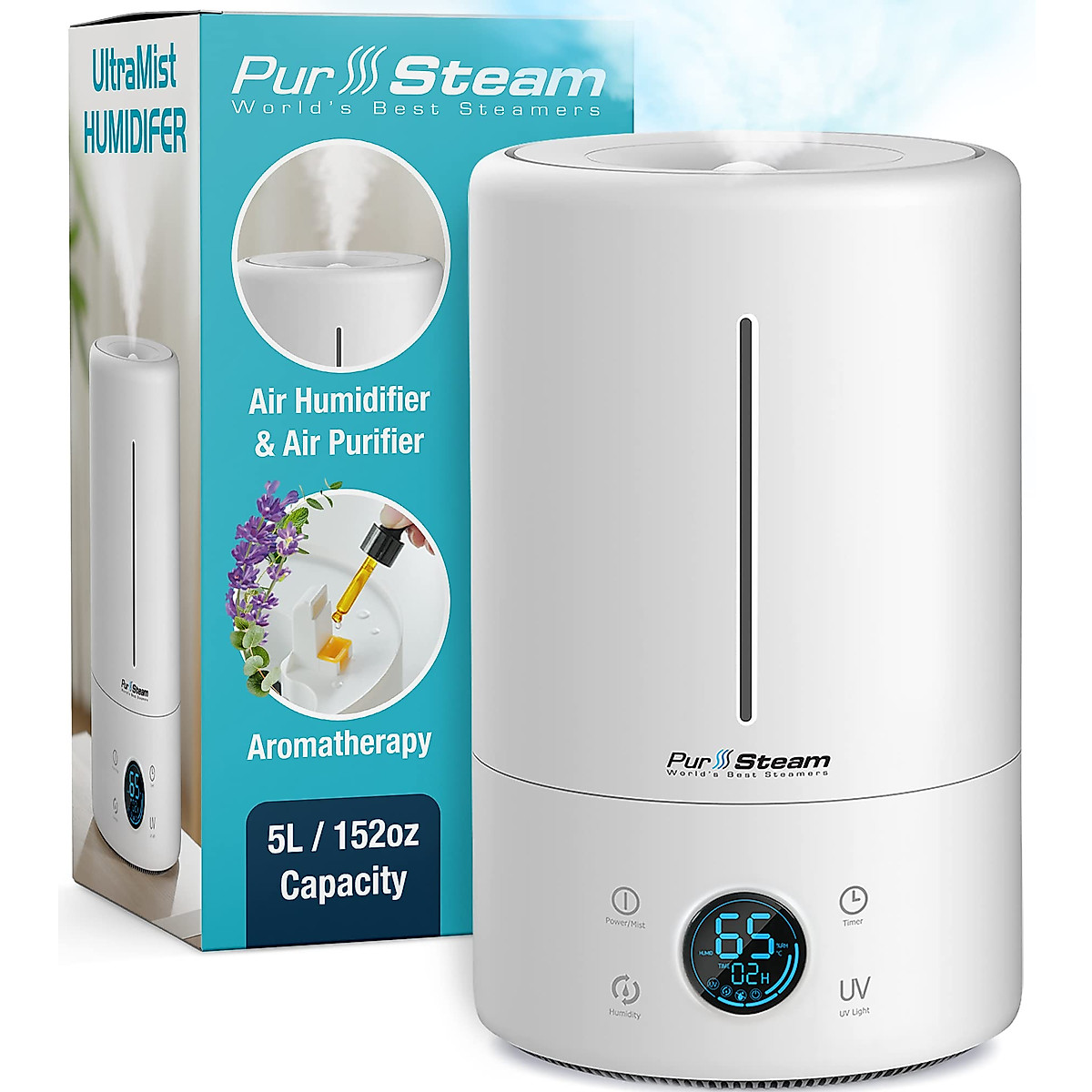 PurSteam Humidifiers for Large Room & Bedroom, 5L Cool Mist Ultrasonic Whisper-Quiet Oil Diffuser for Baby Nursery and Plants, Humidifying Unit for Whole House, Auto Shut-Off, Up to 20h of Operating