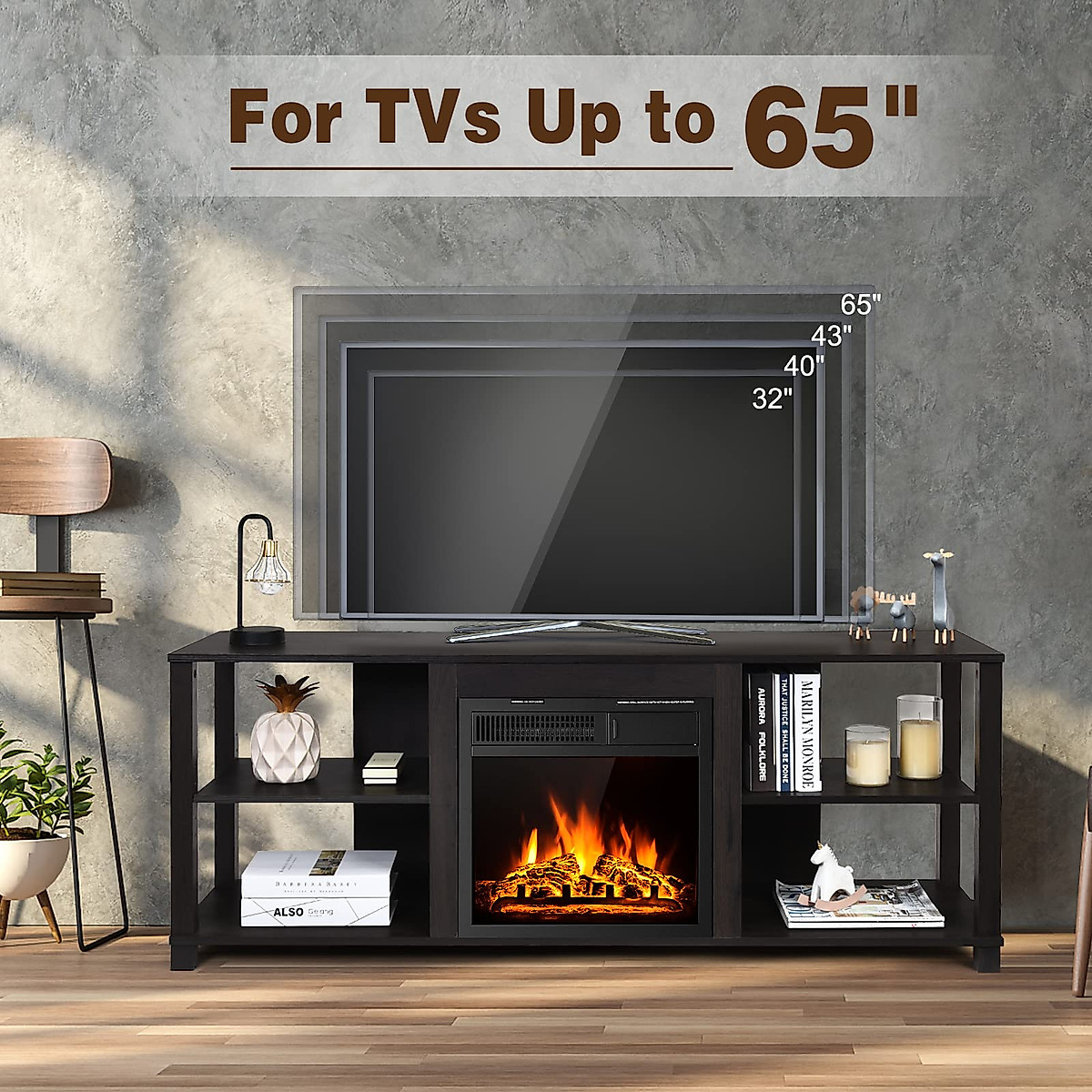 Tangkula Fireplace TV Stand for 65 inches TV, with 18 inches 1500W Recessed Electric Fireplace with 7 Flame Setting & Remote Control,Faux Fireplace TV Stand