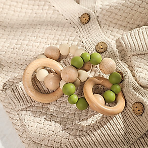 Promise Babe Silicone Baby Teether, Food Grade Silicone & Beech Baby Teething Ring Retro Color Bracelet 2pc Set Baby Ring Wooden Baby Nursing Bracelet