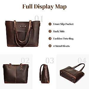 S-ZONE Women Genuine Leather Tote bags with Purse Organizer Shoulder Purses Vintage Handbags Top Handle Work (Dark Brown)