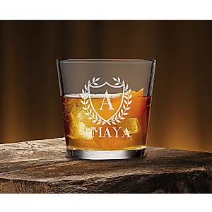 TEEAMORE Personalize Old Fashioned Cocktail Glasses Add Your Name Initial Birthday Anniversary Etched Rocks Whiskey Glass 9oz