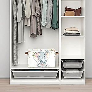 Deven Chic Pink Flower Elephant Personalized Large Storage Baskets for Organizing Shelves with Handle,Closet Decorative Storage Bins for Toy, Bathroom,Nursery,Home 1 Pack