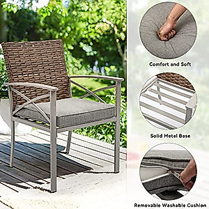 YITAHOME 7-Piece Patio Dining Set, Outdoor Wicker Conversation Furniture with 2 Rocking Chairs, Soft Gray Cushions and Imitation Wood Grain Dining Table for Backyard, Balcony and Garden