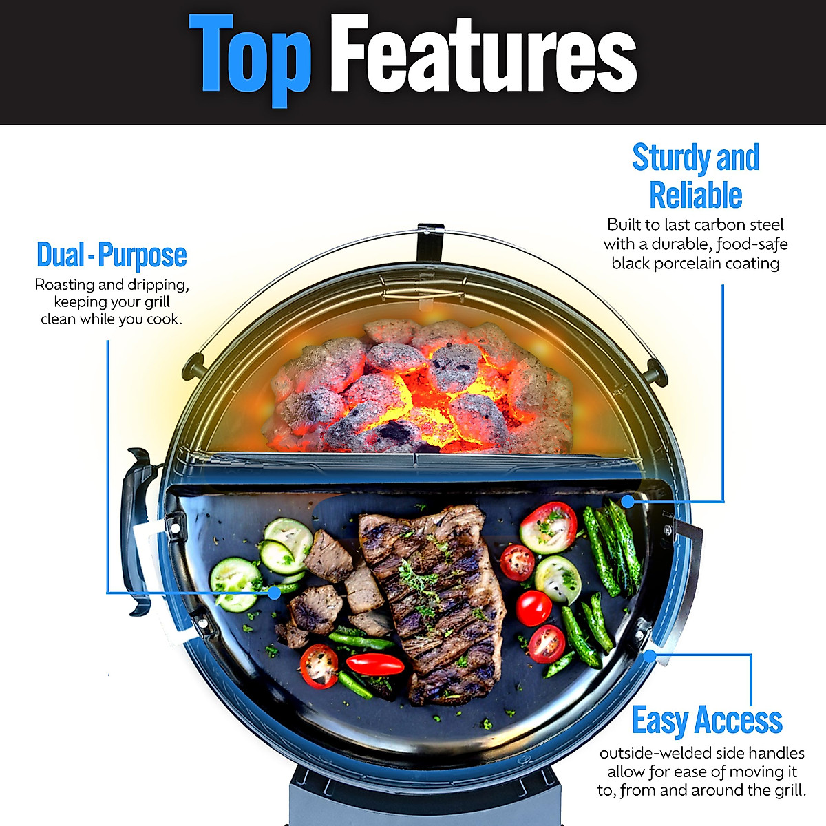 SnS Grills Slow ‘N Sear Porcelain Drip 'n Roast Pan for Kettle Grilling, All-in-One Carbon Steel with Black Porcelain Coating Drip and Roast Accessory - 22” Grill Fit