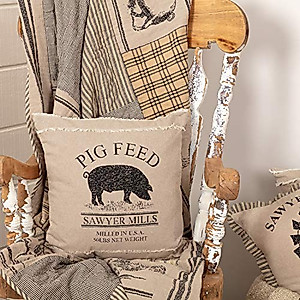 VHC Brands Sawyer Mill Pig Nature Print Chambray Cotton Farmhouse Bedding Stenciled Square 18x18 Filled Pillow, One Size, Khaki Tan
