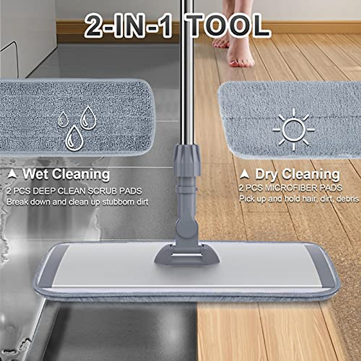 Sunally 18 Inch Professional Microfiber Floor Mop, Wet and Dust Mop with 4 Reusable Mop Pads, Gray