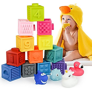 Woby 16 PCS Baby Blocks Soft Building Blocks Baby Toys Teethers Toy Stacking Bath Toys Learning Toys with Numbers Animals Fruits for Infants Toddlers Age 6 to 12 Months Up