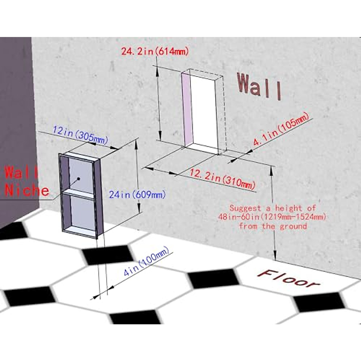 IKITRAEE 12"×24" Matte Black Double-Layer Stainless Steel Shower Niche, No Tile Needed Bathroom Niche, Recessed Wall Niche