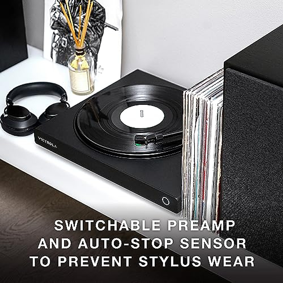Victrola Hi-Res Black Vinyl Record Player, Audio Technica AT-VM95E Cartridge, aptX Adaptive Bluetooth Connectivity, Gold Plated RCA & Preamp Output, Stylish Sleek Bluetooth Turntable