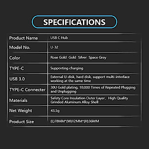 USB C hub HDMI Adapter, 4 in 1 Type C hub, 100W Power Supply, USB3.0 * 3+Type-C Interface, Suitable for MacBook Air, MacBook Pro, XPS, etc.